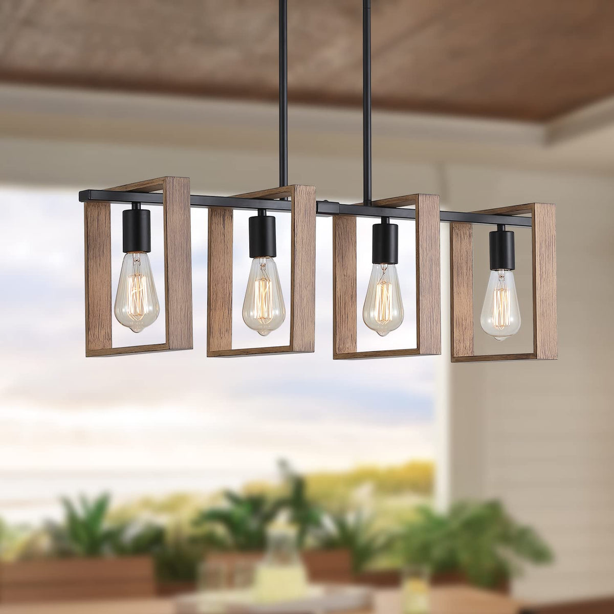 9MMML 4 Lights Island Light for Kitchen,Farmhouse Industrial Rectangle Pendant Light, Black Body ...
