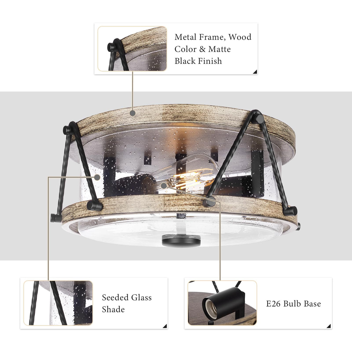 Rosient Farmhouse Ceiling Light Fixture | Rustic Flush Mount with Seeded Glass Shade – Lightsdaddy