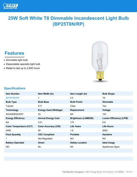 Feit Electric 25W Incandescent Light Bulb, Soft White, Glass, Model Bp ...