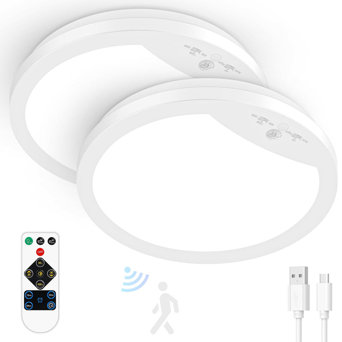 2-Pack Battery Operated Ceiling Lights, Motion Sensor Rechargeable ...