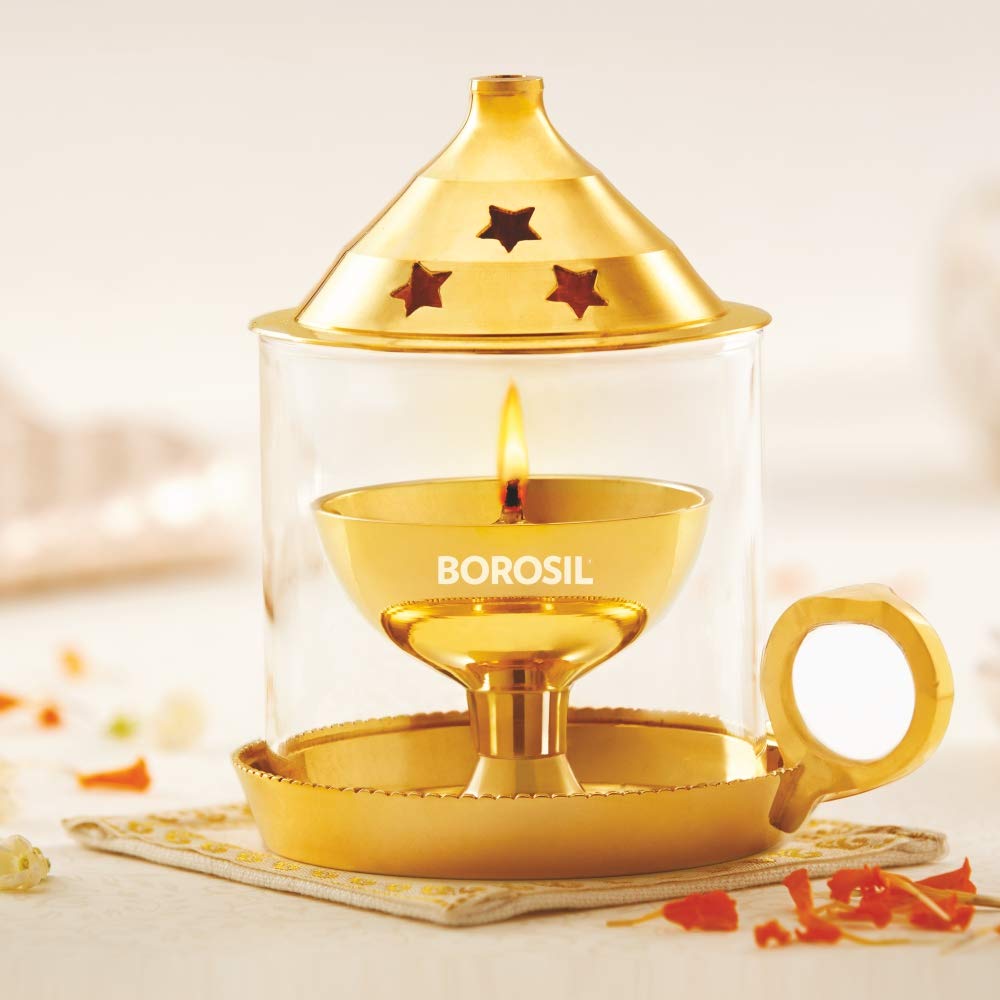 Borosil Medium Size Mangal Diya Decorative Brass Glass Oil Lamp | Tea ...