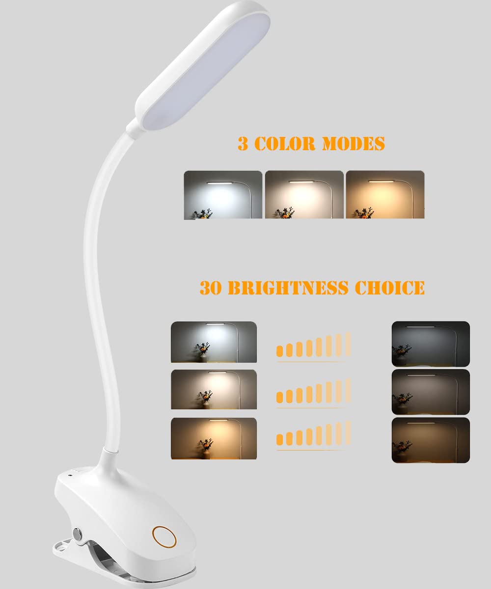 Colorlife Clip-On Desk Lamp - 7W Rechargeable Gooseneck Light, White ...