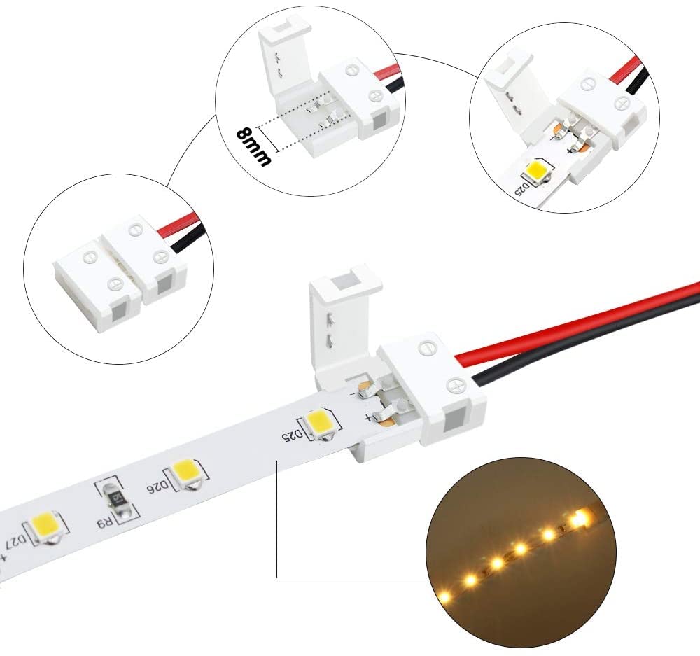 LightingWill 2 Pin LED Strip Light Connector Kit, 8mm Solderless ...