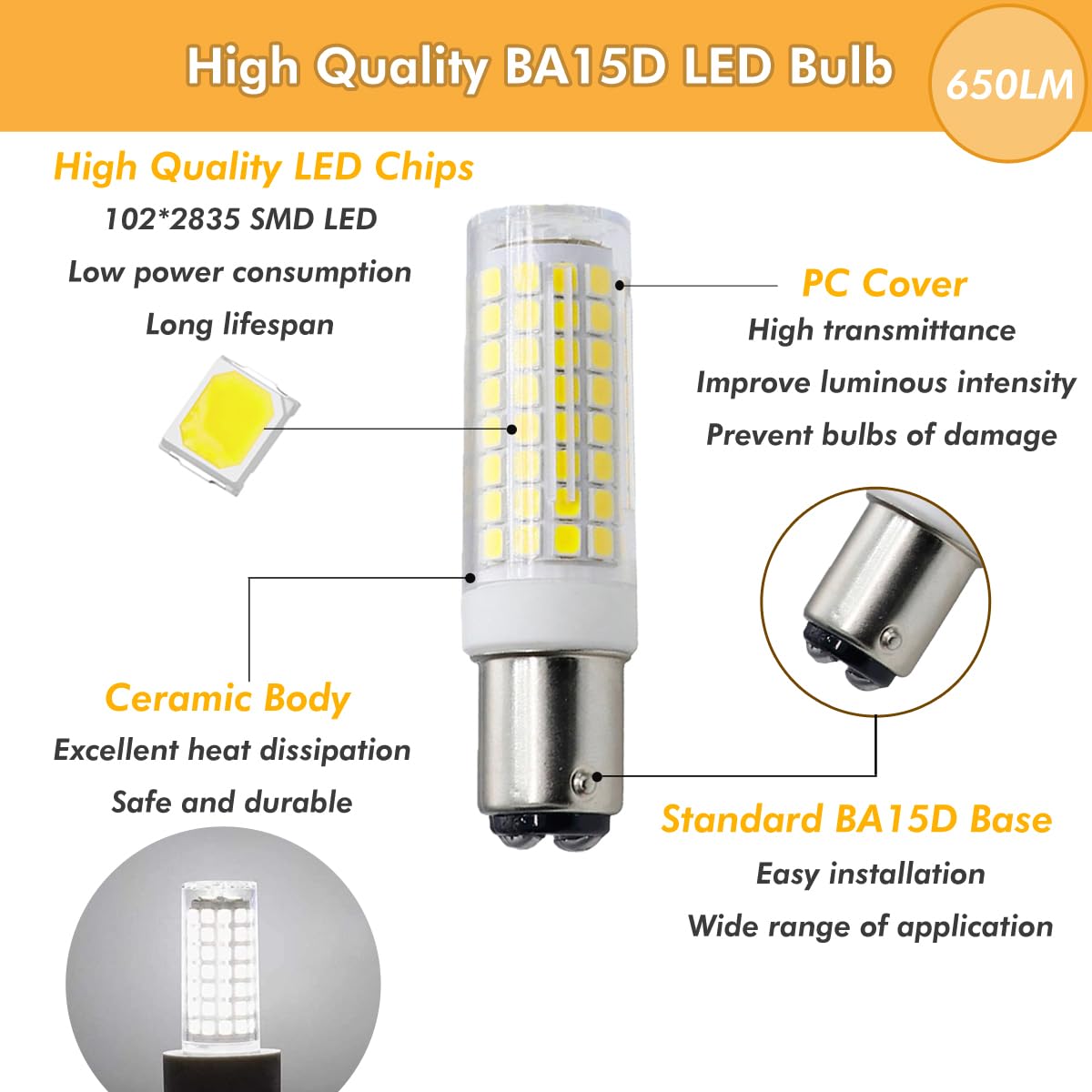 ZSSXOLED BA15D LED Bulb 120V Dimmable 6W White Ceramic Pack of 4, 60W ...