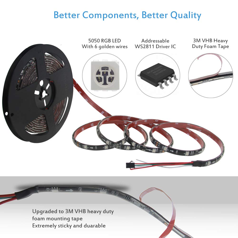 ALITOVE WS2811 RGB LED Strip Light 16.4ft 150 LEDs Waterproof IP65 Bla ...