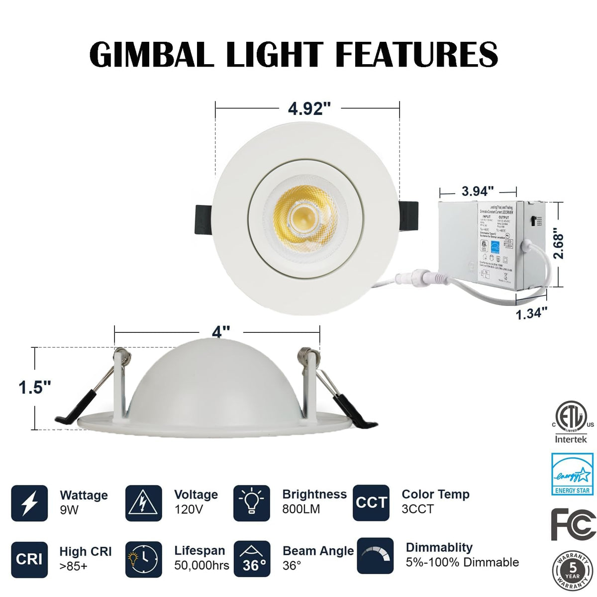 LTpro 4 Inch Gimbal LED Recessed Light, Dimmable 12W, Aluminum, 8 Pack ...