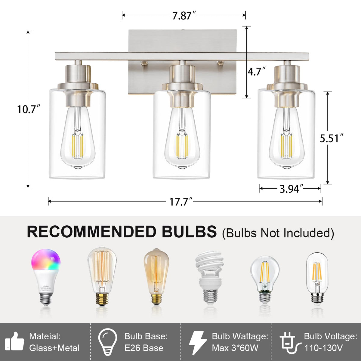 HCCZ 3 Light Bathroom Light Fixtures Brushed Nickel Vanity Light Over ...