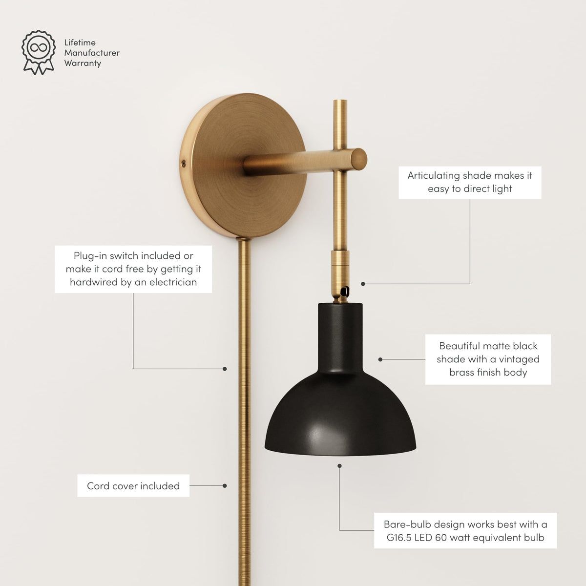 Nathan James Tamlin Wall Light Fixture, Wall Mounted 1-Light Lamp, Plu ...