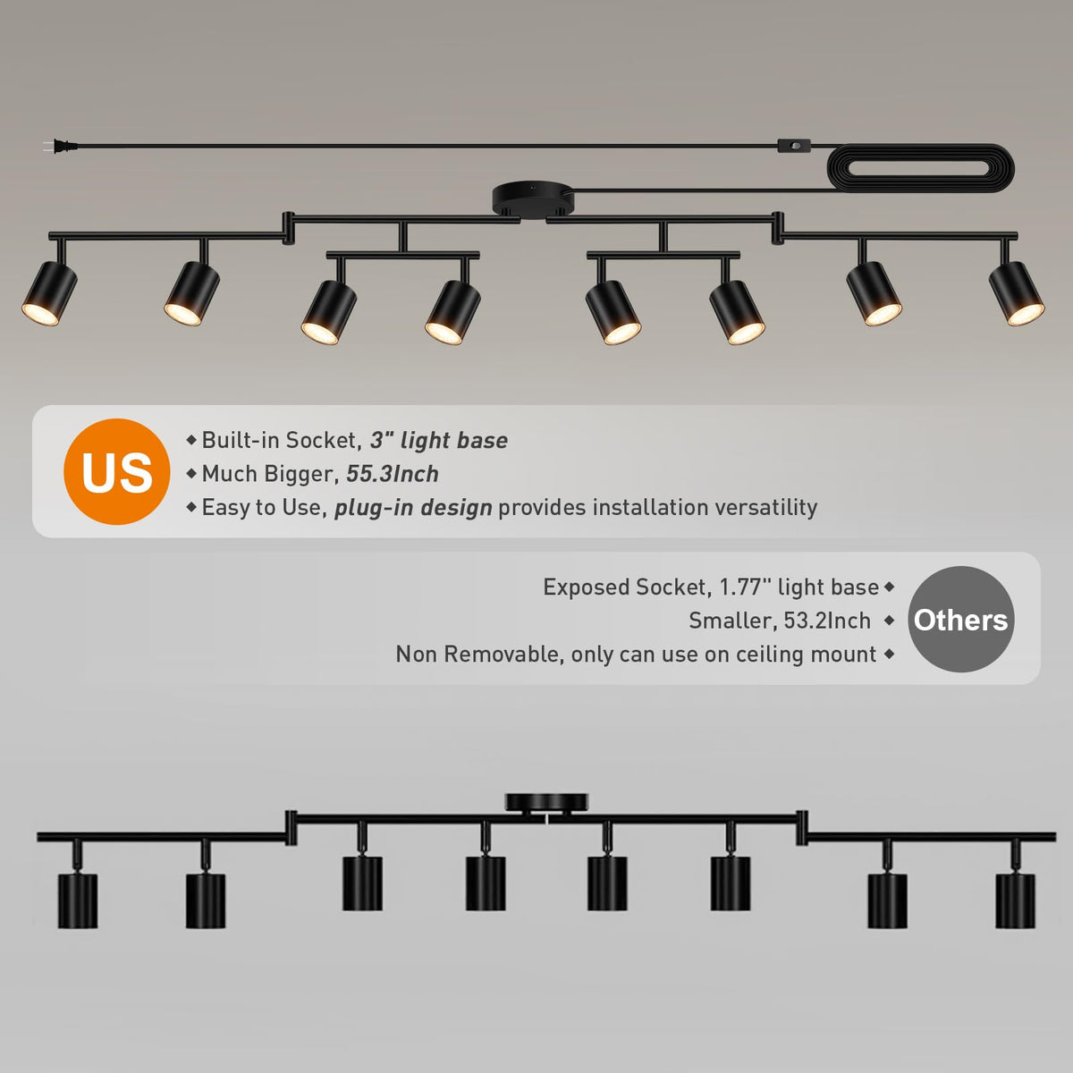 Bricosmocon Black Track Lighting Fixture, 8-Light LED, Rotatable Ceili ...