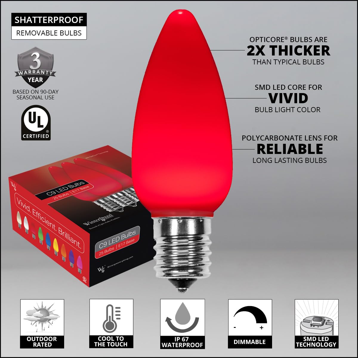 Wintergreen Lighting 25-Pack Opticore C9 Led Red Christmas Light Bulbs ...