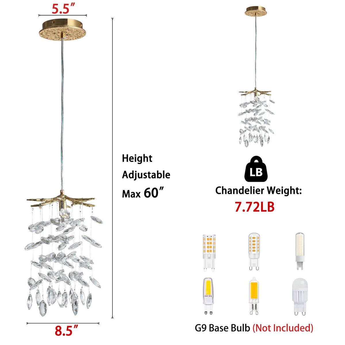YUYI 8.3" Gold K9 Crystal Pendant Light Chandelier - Modern Tree Branc ...