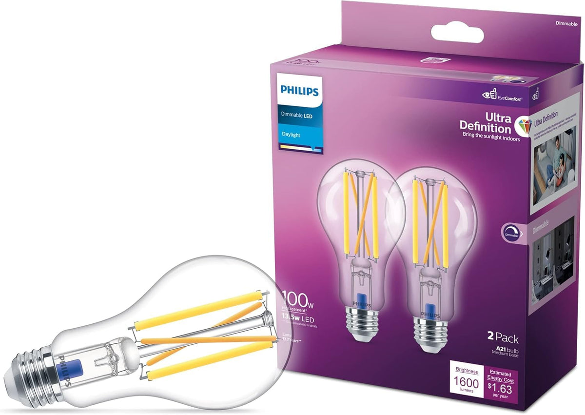 PHILIPS LED 100W A21 2-Pack Ultra Definition Daylight (5000K) 1600 Lum ...