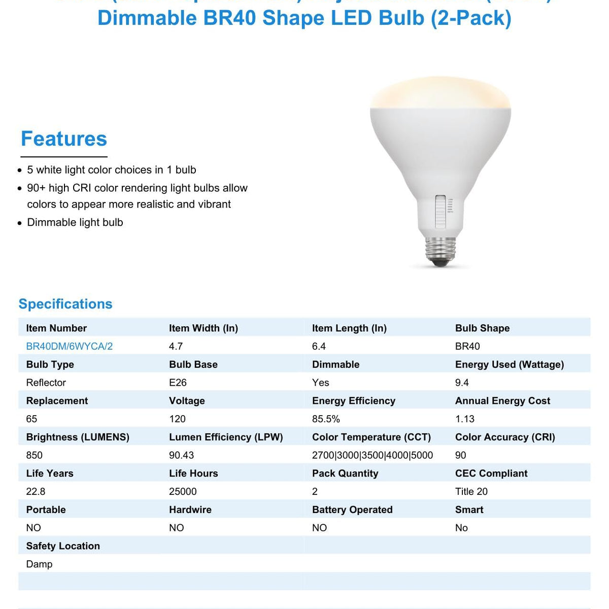 Feit Electric BR40 LED Light Bulb, Dimmable, 65W Equivalent, 850 Lumen ...