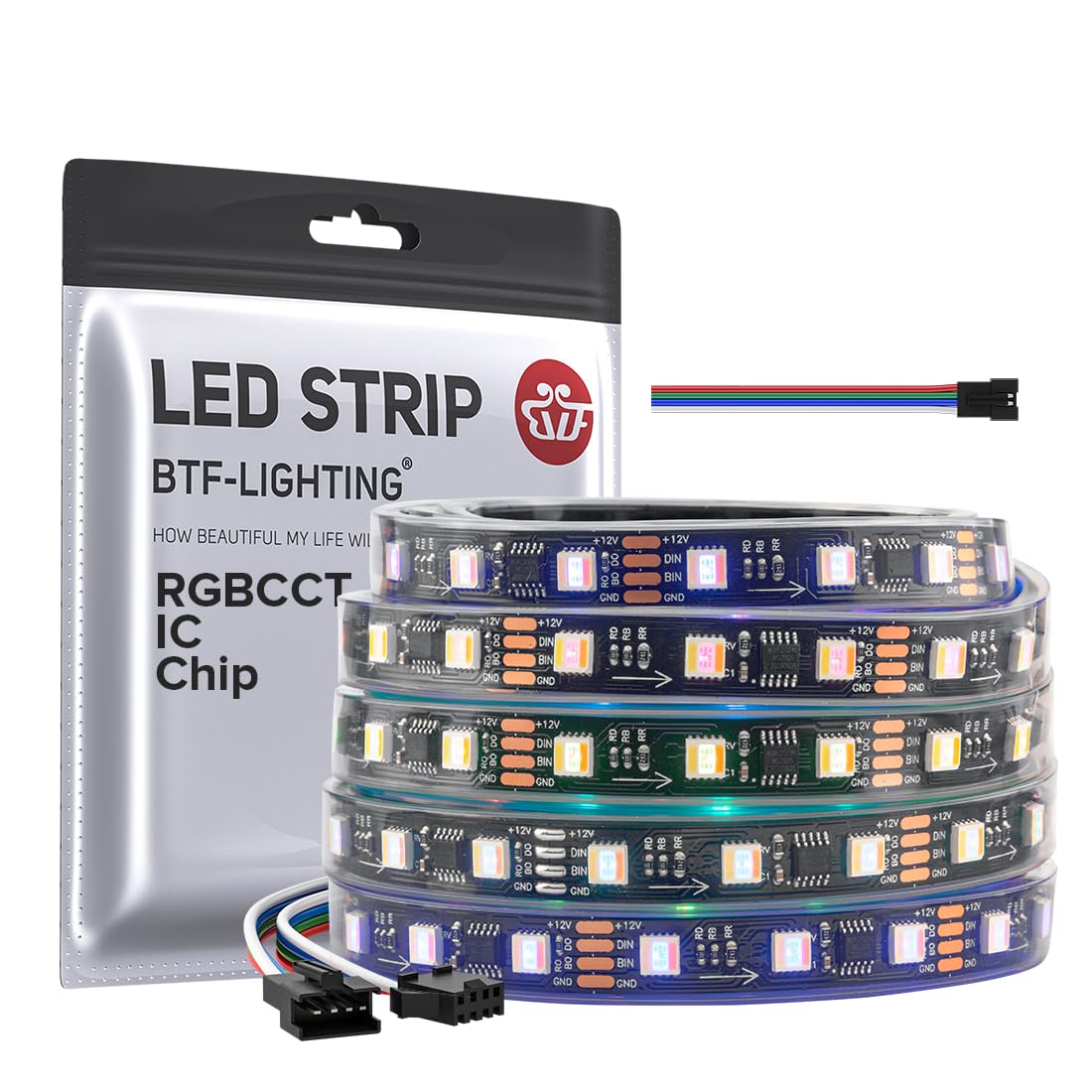 BTF-LIGHTING WS2805 IC RGBCCT LED Strip 16.4FT 60LED/m IP67 DC12V Blac ...