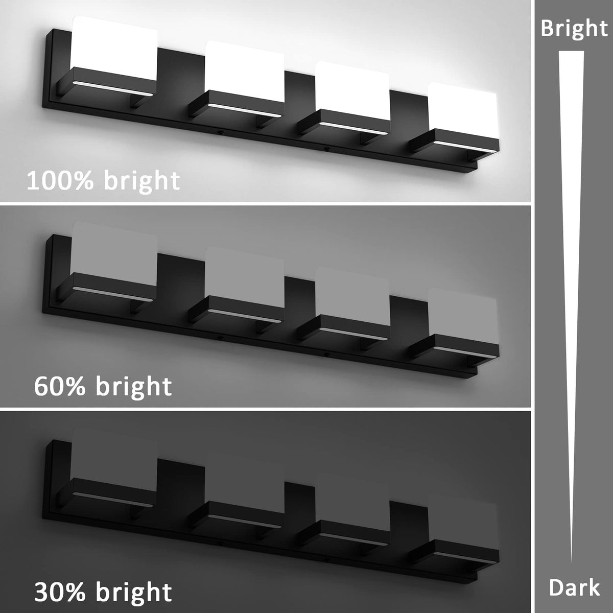 Tipace Dimmable LED Vanity Light, 4 Lights, Matte Black, Modern Bathro ...