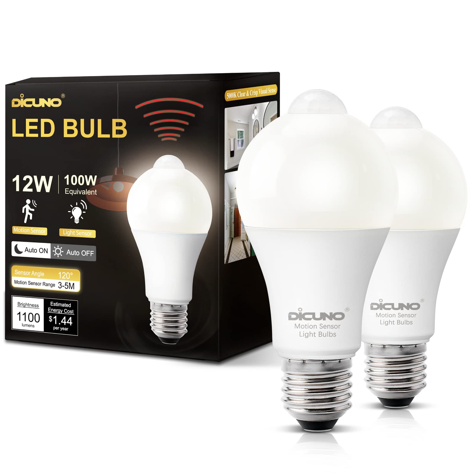 DiCUNO PIR Motion Sensor Light Bulbs 12W E26 LED 1100LM Daylight White – Lightsdaddy