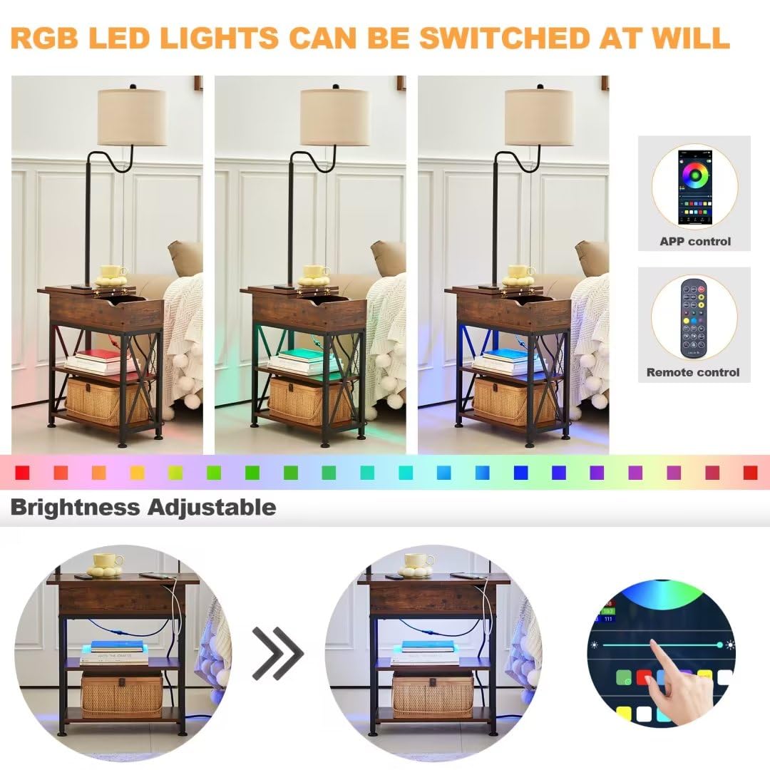 Dungoo Floor Lamp with Table, Narrow End Table with LED Lights Remote ...