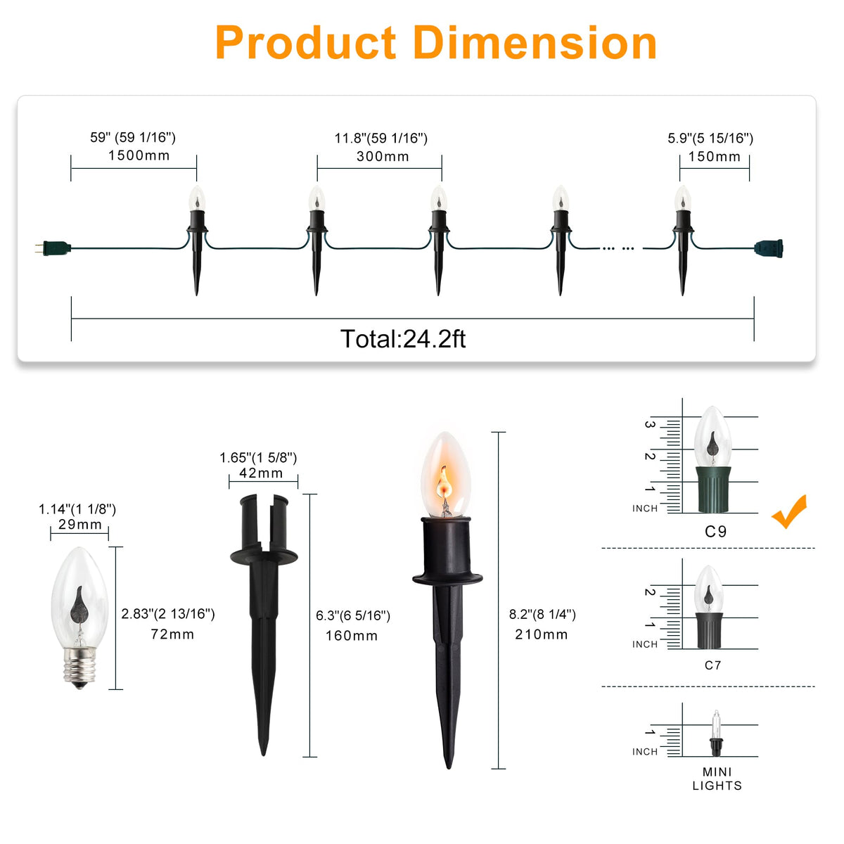TIORIY Flickering Flame String Lights - C9 Pathway Fire Light Strand ...