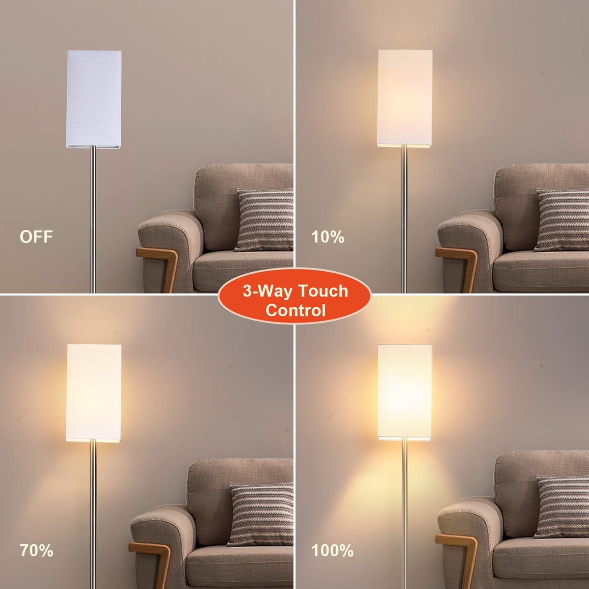 FIGDIFOR Floor Lamp - 3-Way Touch Control, Dimmable, Brushed Nickel, M ...