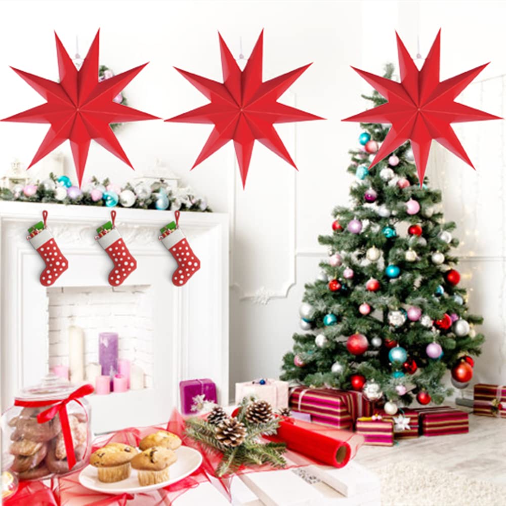 3 Pieces 3D 12'' Large Paper Star Red Hanging Paper Star Decorations ...