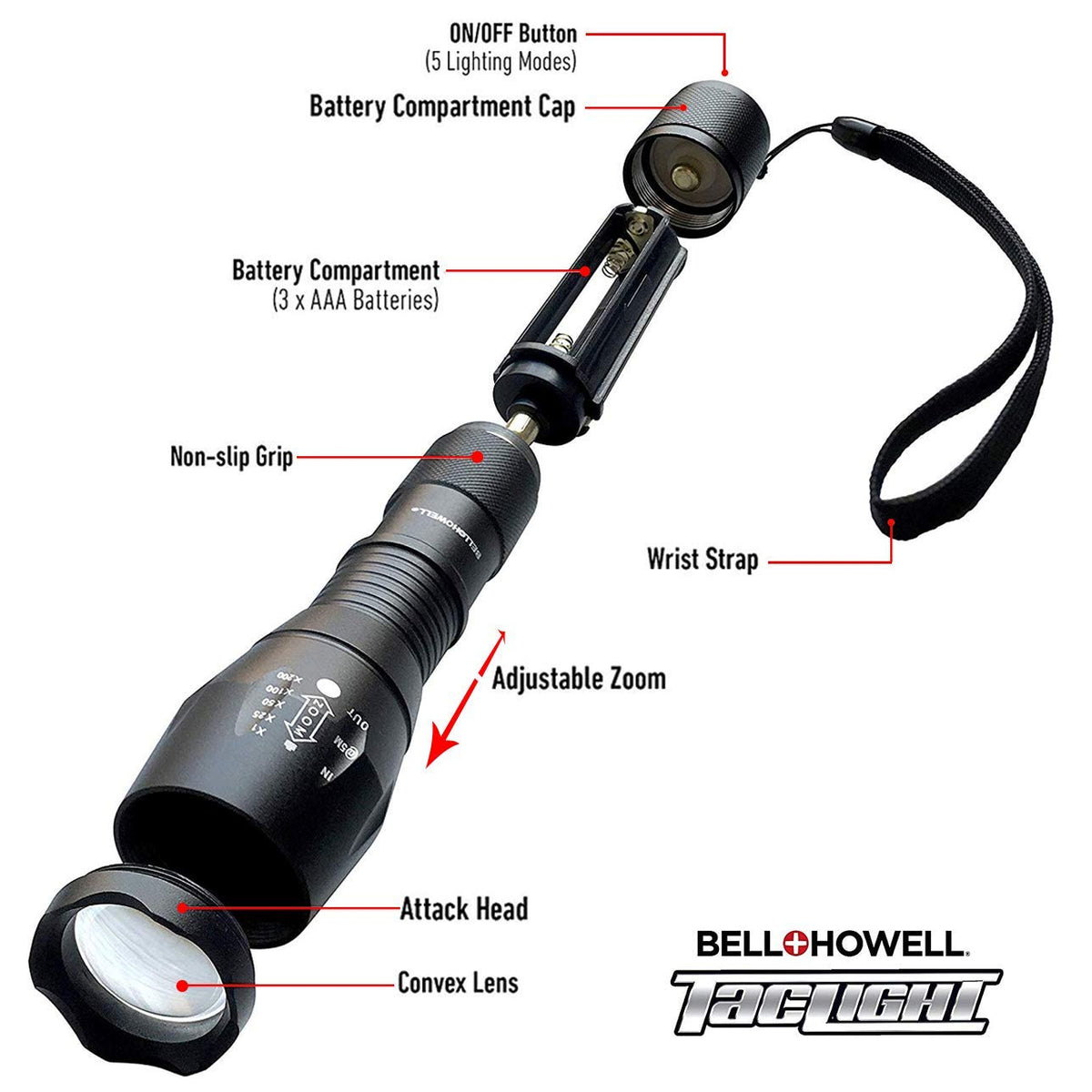 Bell+Howell TacLight Mini Flashlight - 100,000 Hour LED, 5 Modes, Zoom ...