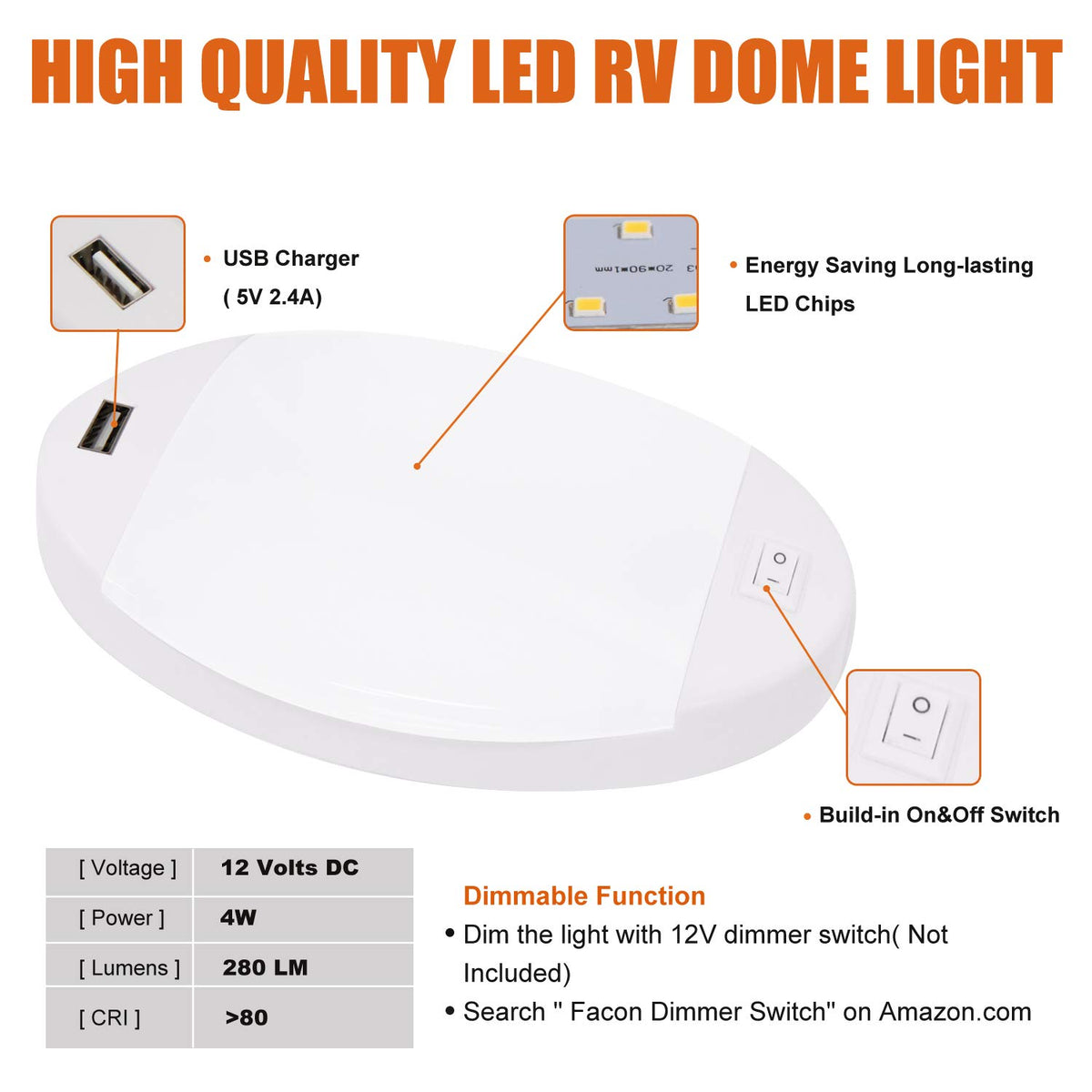Facon LED Pancake Light with USB Charger, 12V Ceiling Dome Light, 3 Pa ...