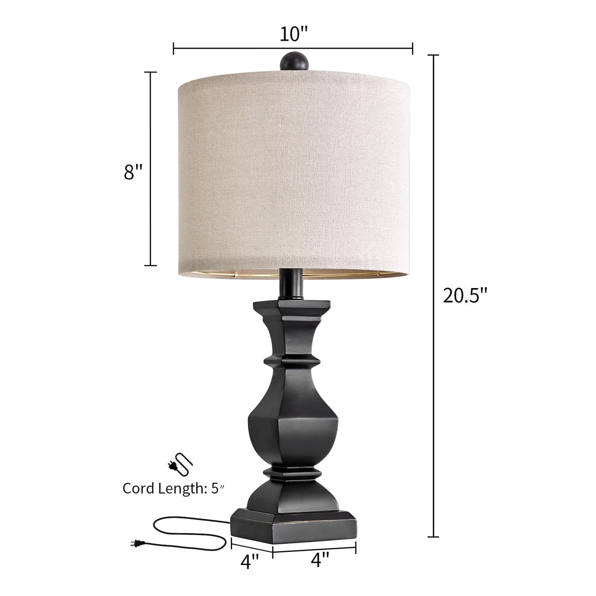 PoKat Bedside Table Lamp - Vintage Black, 20.5in Round Linen Shade, Mo ...