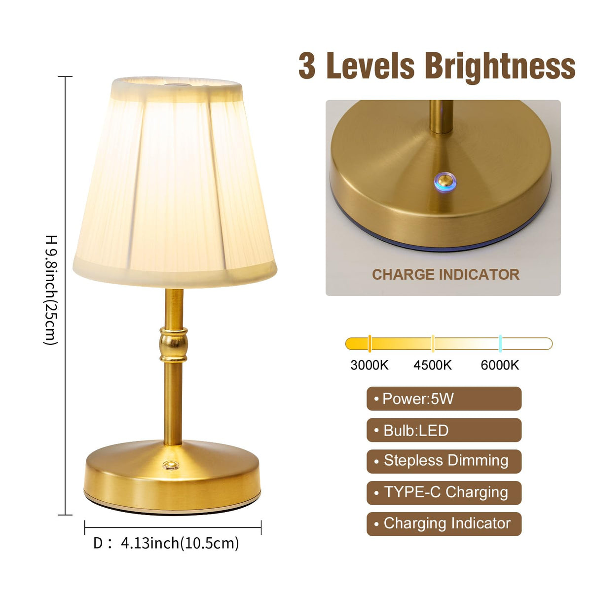 Cordless Mini Lamps Gold,3000 Mah Battery Operated Lamp,3 Color Temper ...