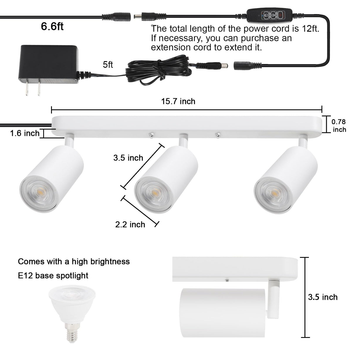 Taysing Plug in Track Lighting Fixture, 3 Heads, Aluminum, 15W, 3000K ...