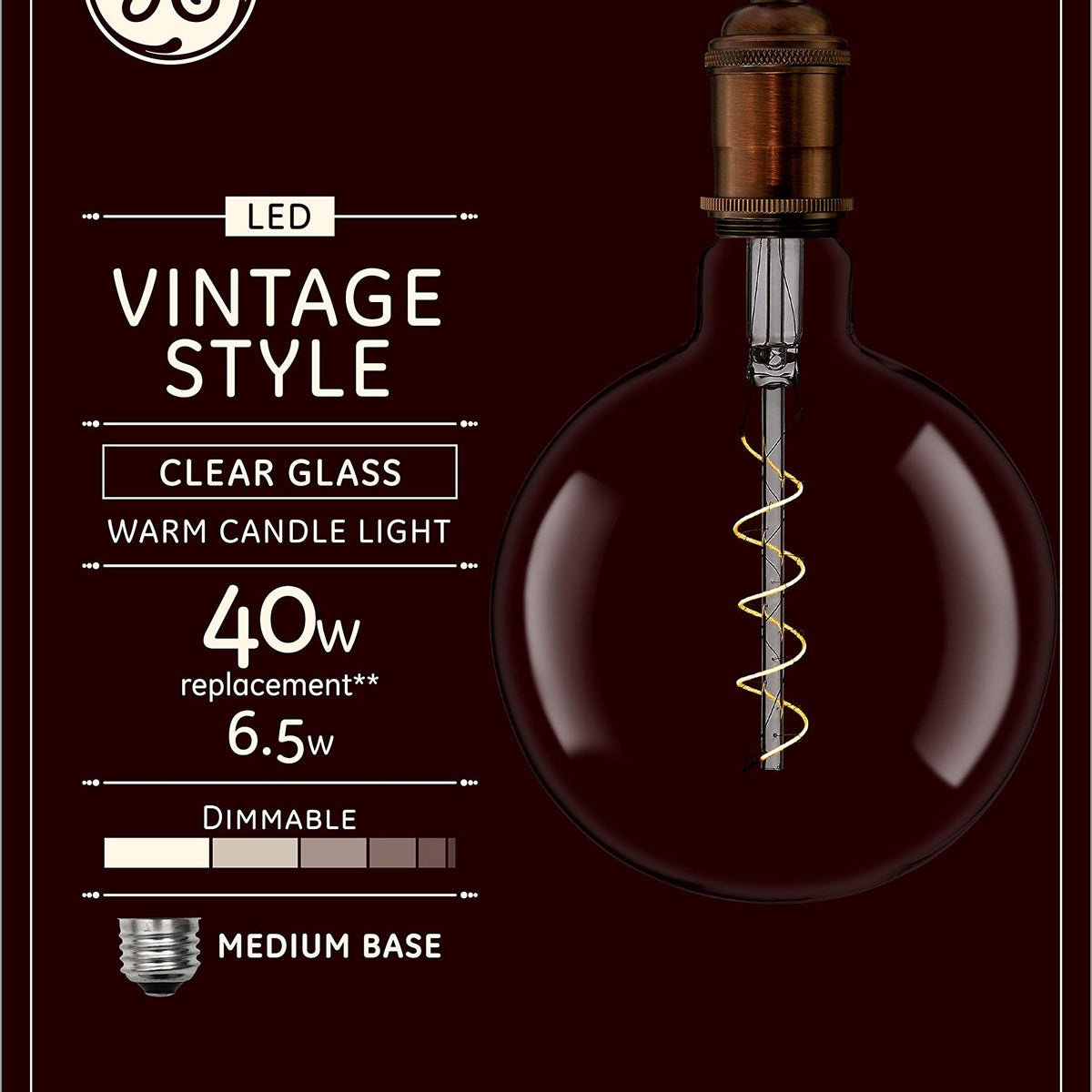 GE Vintage Style LED Light Bulb, 40 Watt, Clear Glass, G63 Large Globe ...