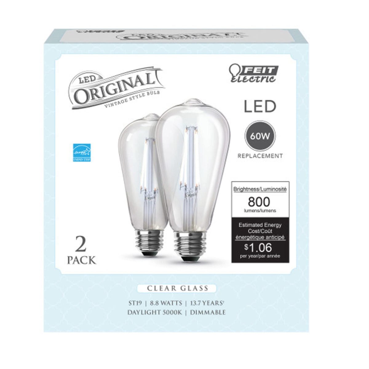 Feit Electric ST19 Filament LED Bulb 60W Equivalent 2 Pack Clear Glass ...