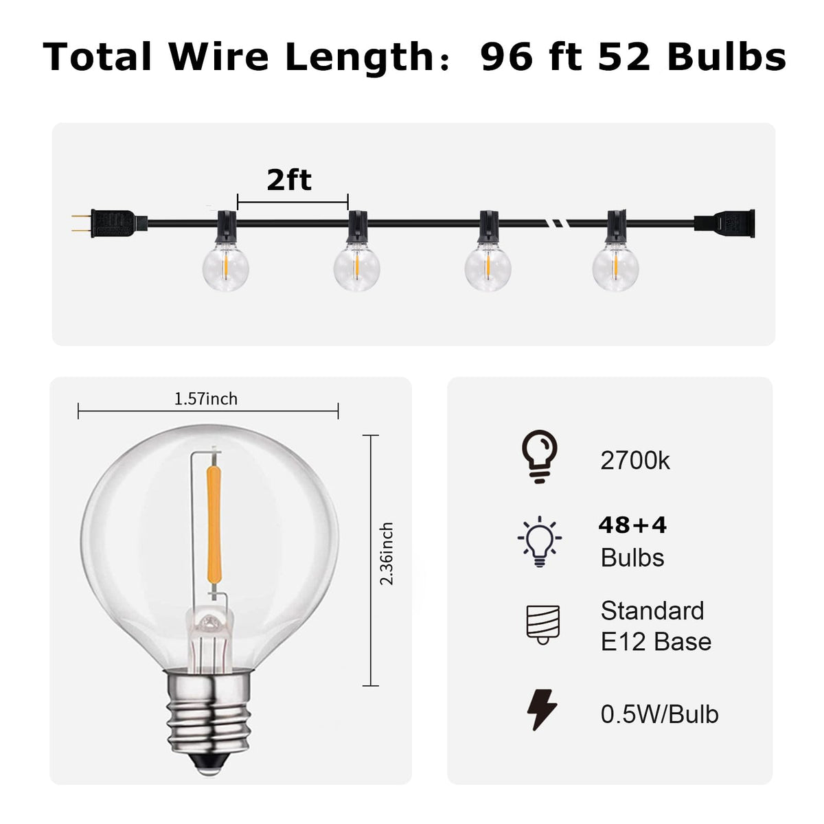 HISTAR 96 ft Outdoor String Lights 52 Led Waterproof G40 Bulbs, Patio ...