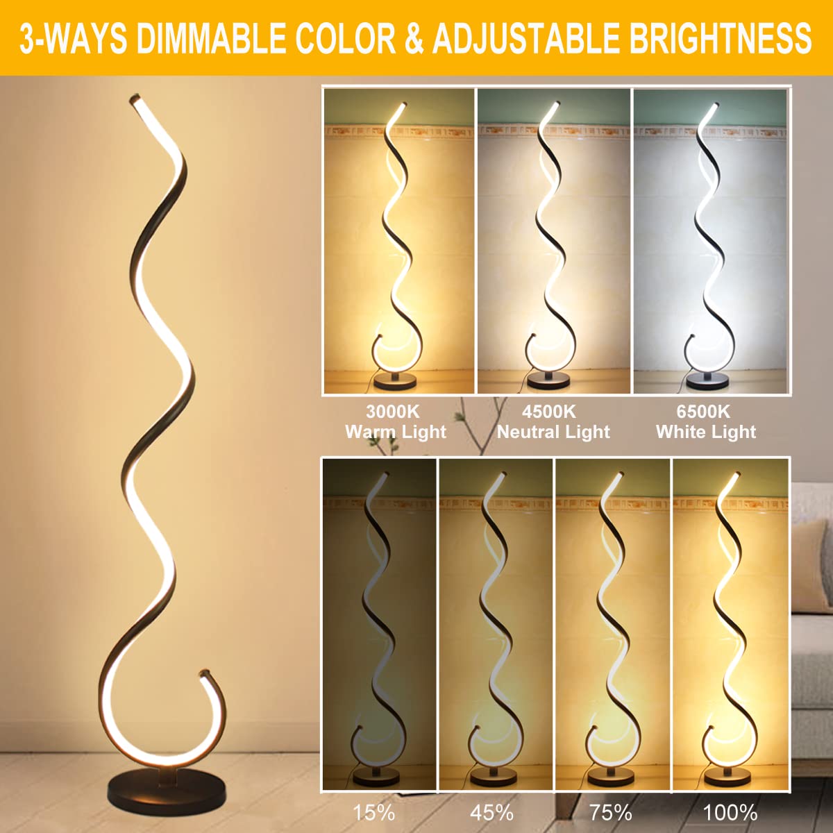 BESKETIE Spiral LED Floor Lamp, 40W Dimmable Modern Floor Lamps for ...