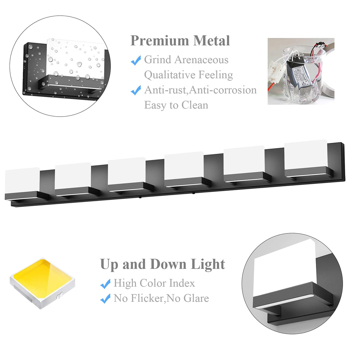 Tipace LED Vanity Light, 6 Lights Dimmable, Matte Black, Modern Wall F ...