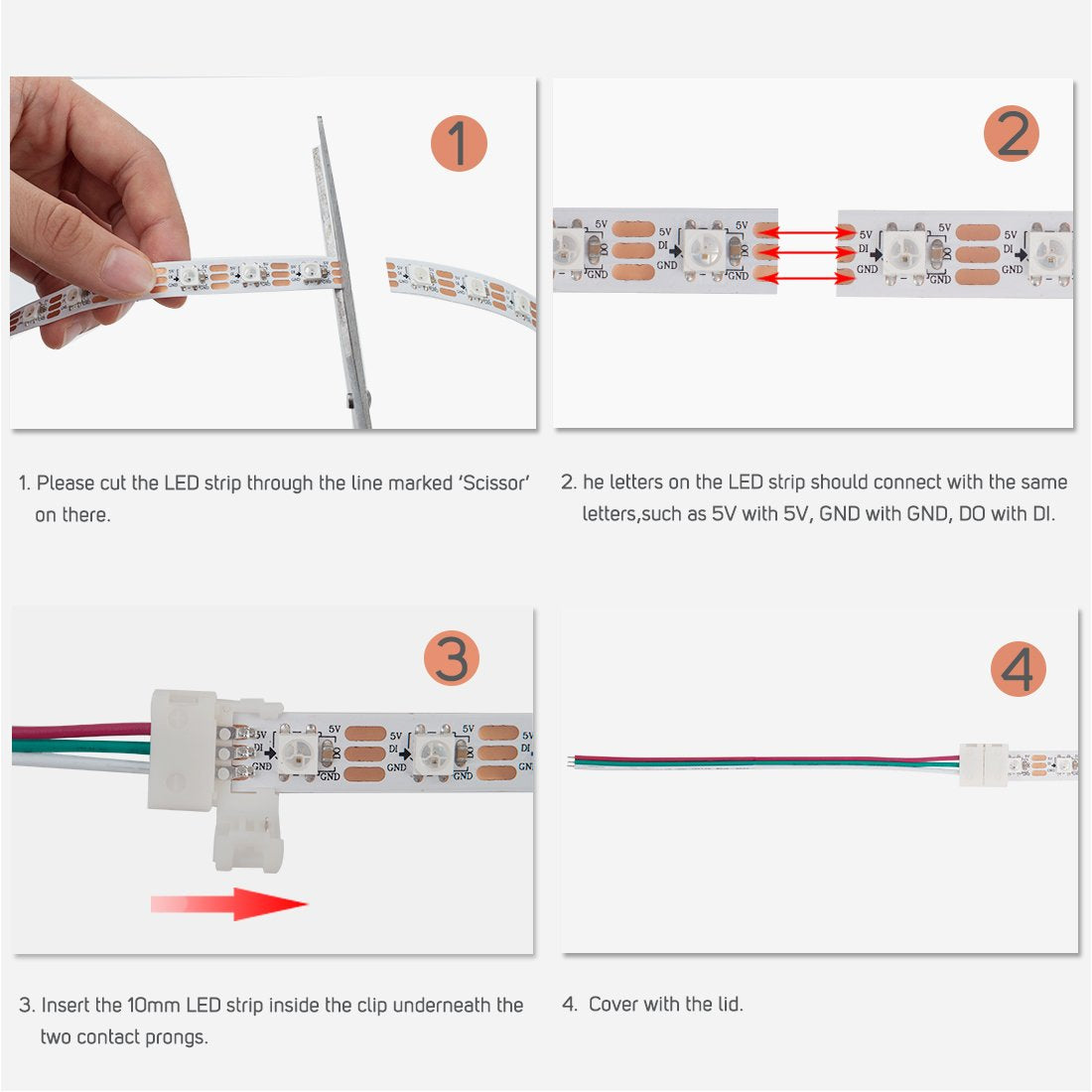 Btf-Lighting 10Pcs 3Pin 10Mm Wide Single End With 15Cm Long Cable Led ...