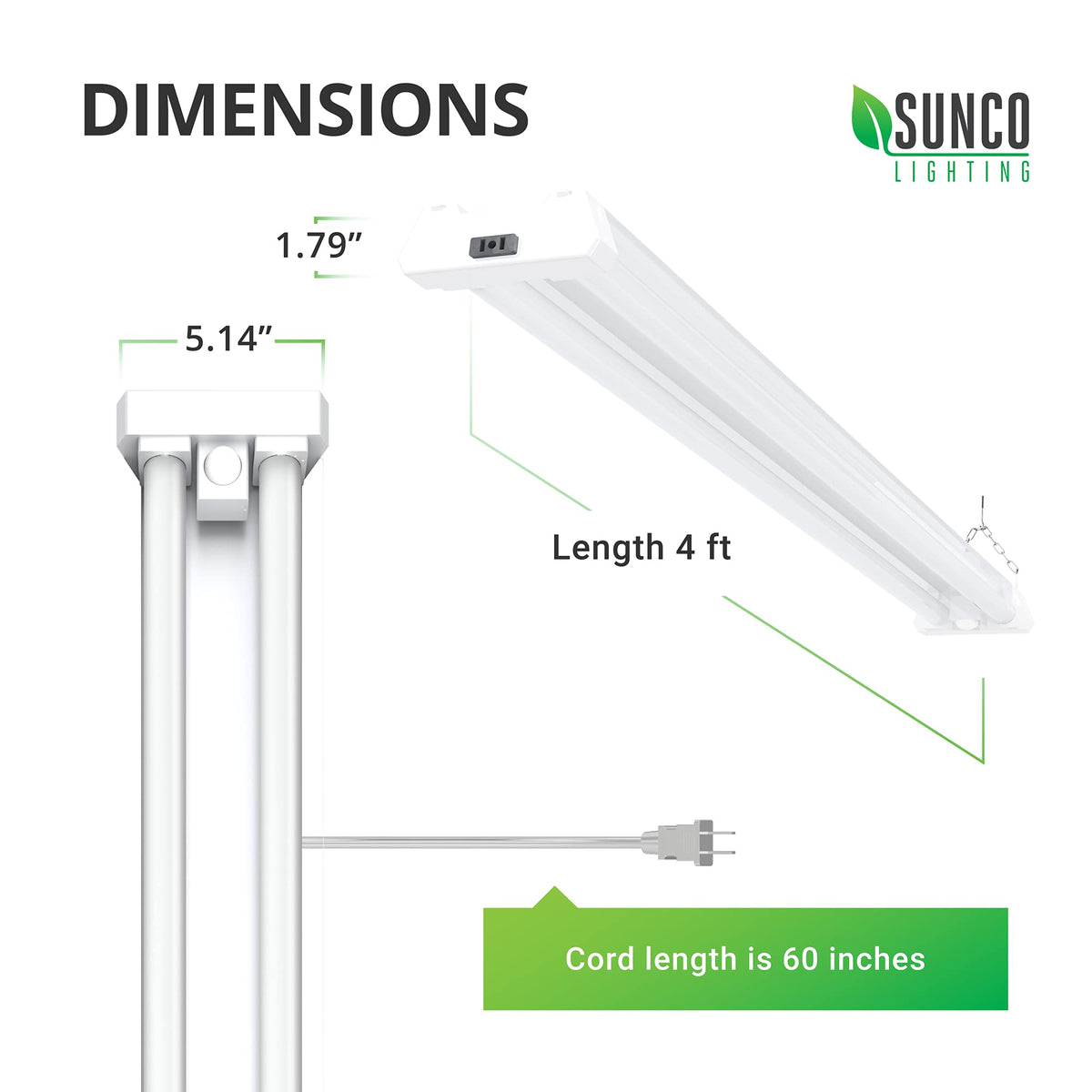 Sunco Motion Sensor 4ft LED Shop Light, Garage Lights Ceiling LED Plug ...
