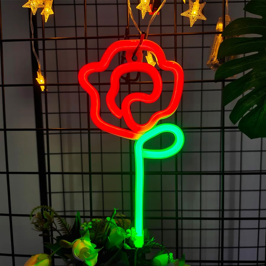 ENUOLI Neon LED Sign - Red Rose Flower Art Wall Decor, USB/Battery Ope ...