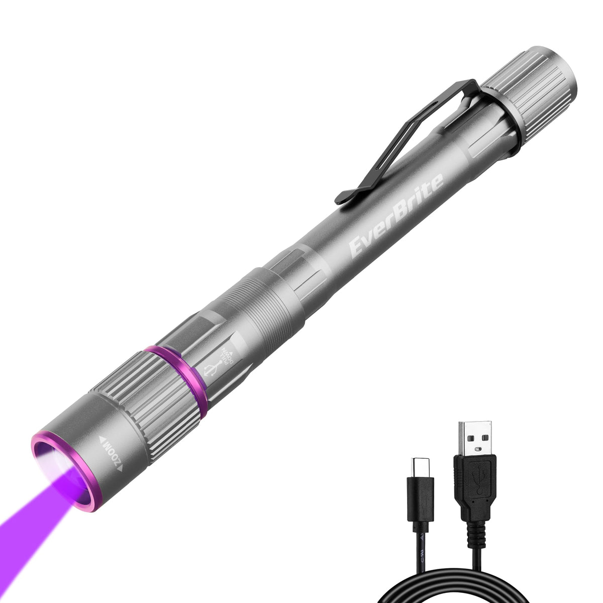 EverBrite Rechargeable Pen Flashlight, UV & White Light, 395nm, Zoomab ...