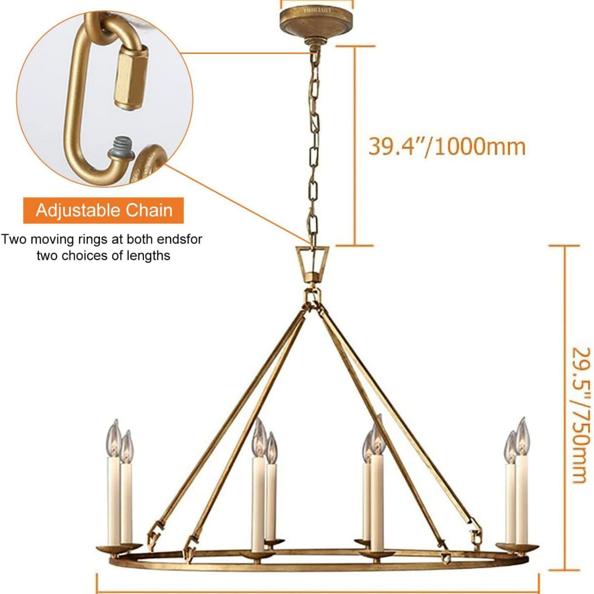 LOVEDIMA Gold Wagon Wheel Chandelier Rustic 35.4'' Candle-Shaped Metal ...