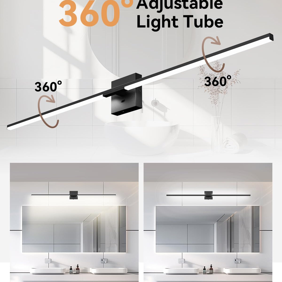 Ensenior 48" Modern Bathroom Vanity Light, Black, 28W Dimmable LED, Bu ...