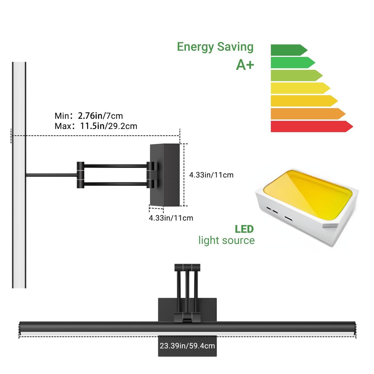 Tipace Hard-Wired LED Picture Light, 23.6IN Dimmable Artwork Lamp, Bla ...