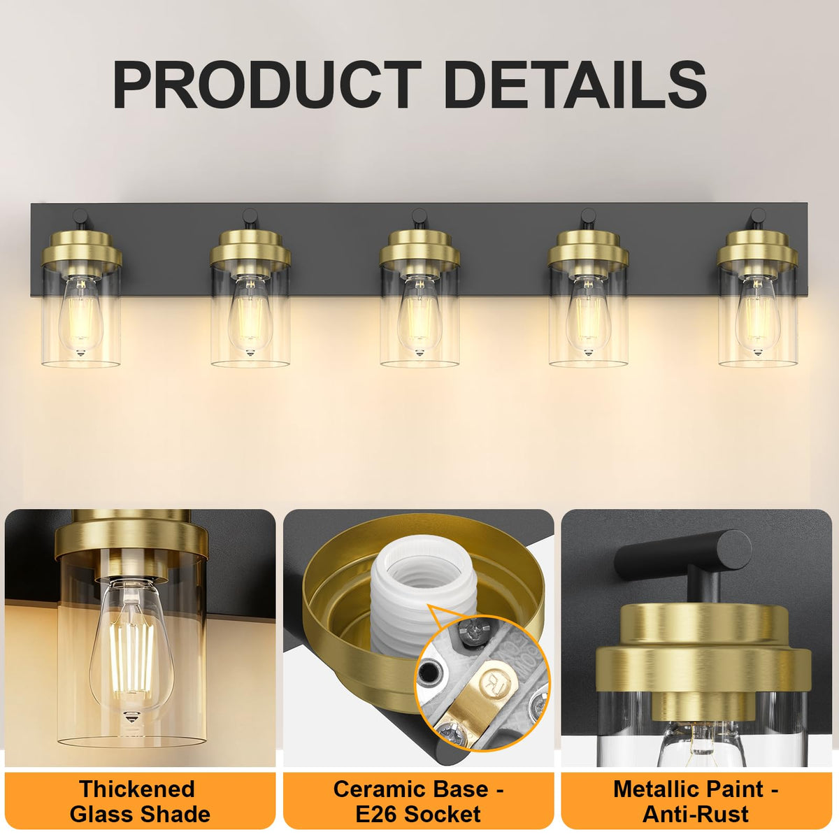 Izorro Bathroom Vanity Light Fixture 5-Light 36 Inch Black And Gold Ba ...