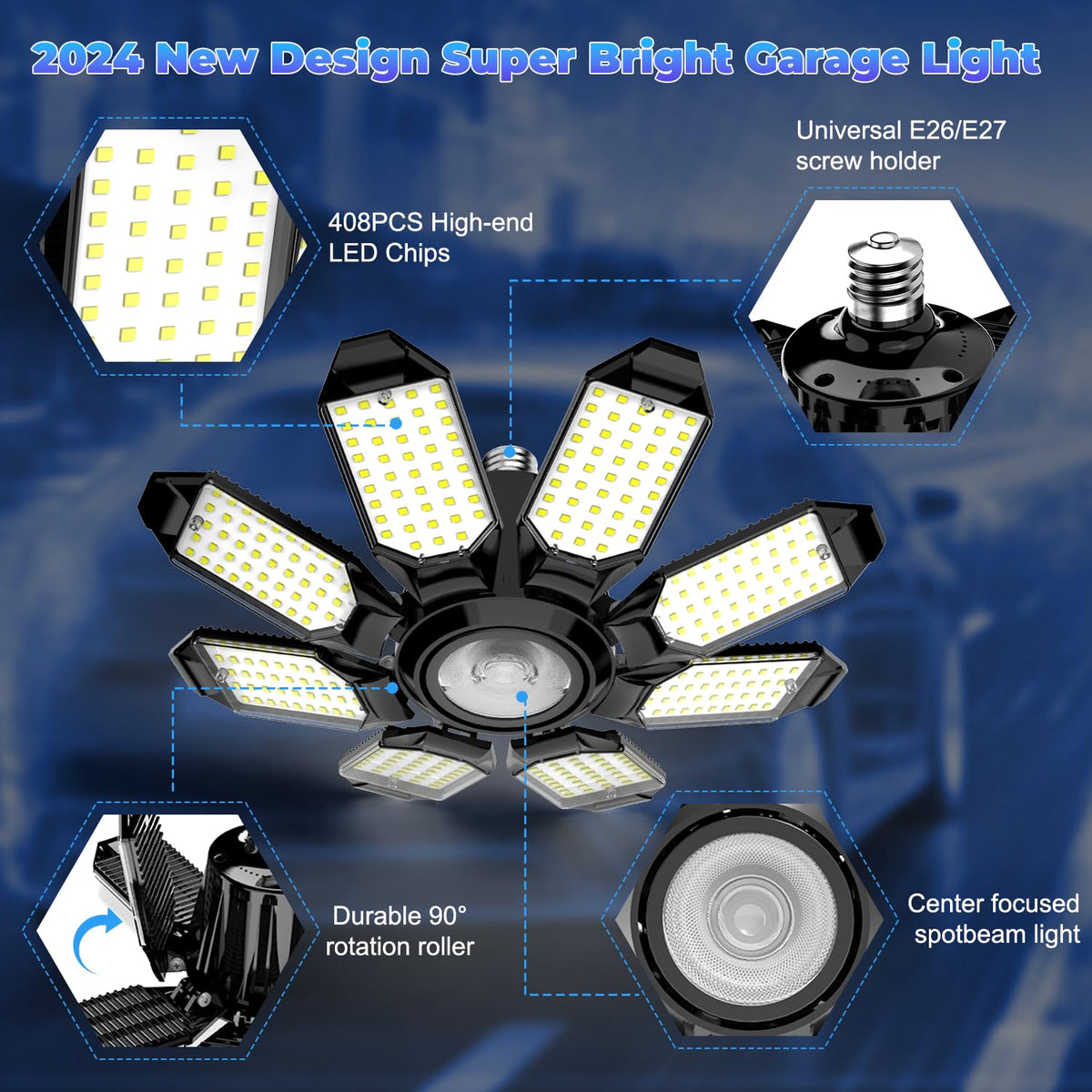 POLARPRA LED Garage Light - 2Pack Bright 50000LM Garage Lights Ceiling ...