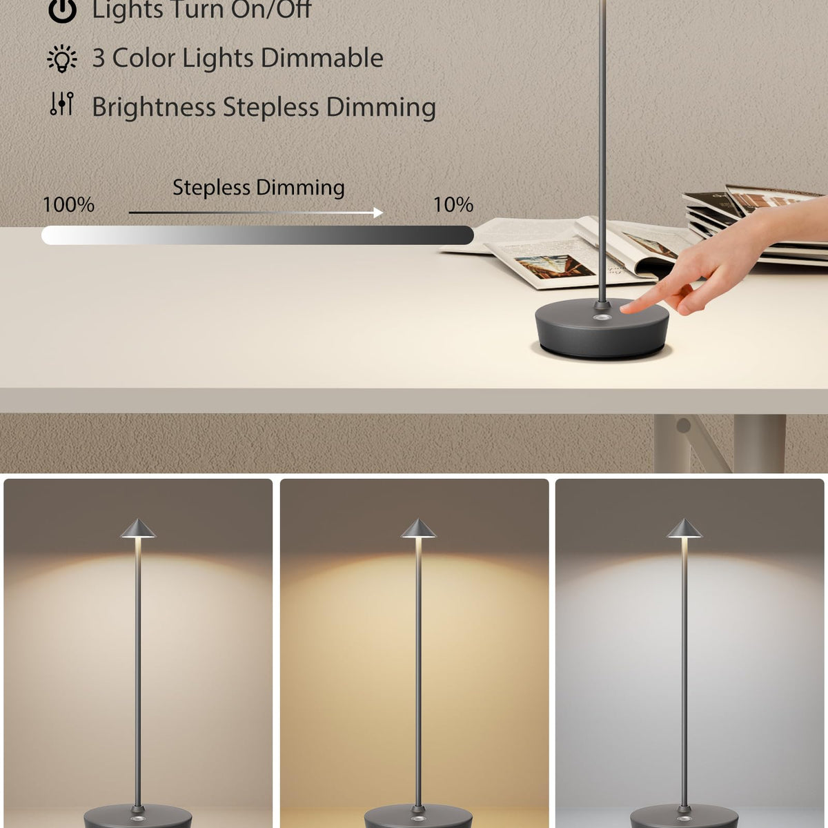 SHANGCAI Cordless LED Table Lamp, 6000mAh Rechargeable, Waterproof, To ...