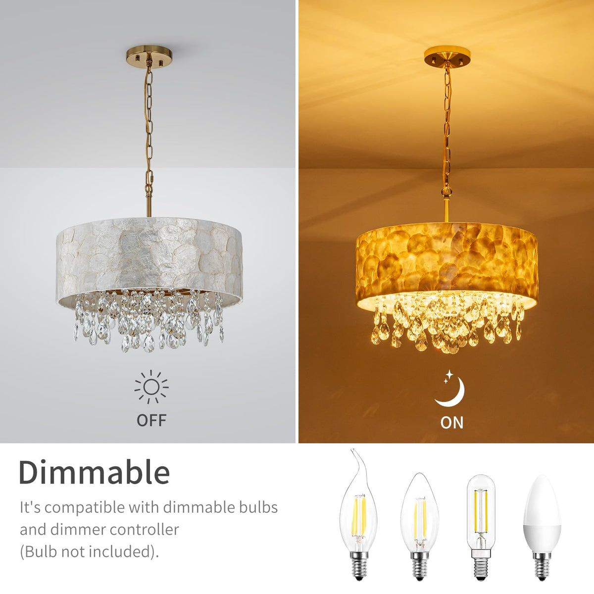 LumFurn 3-Lights Chandelier, Capiz Shell & Gold Finish, Adjustable Hei ...