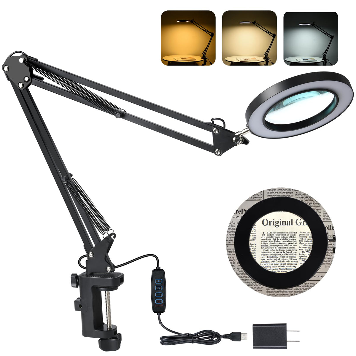 LED Magnifier Desk Lamp with Stand, 3 Color Modes & Stepless Dimming 5 ...