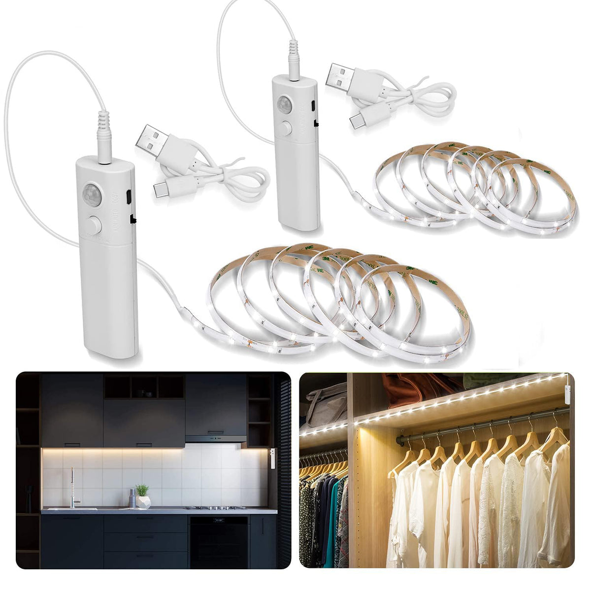 LUXJET 2-Pack Rechargeable LED Strip Lights, Cool White, Motion Sensor ...