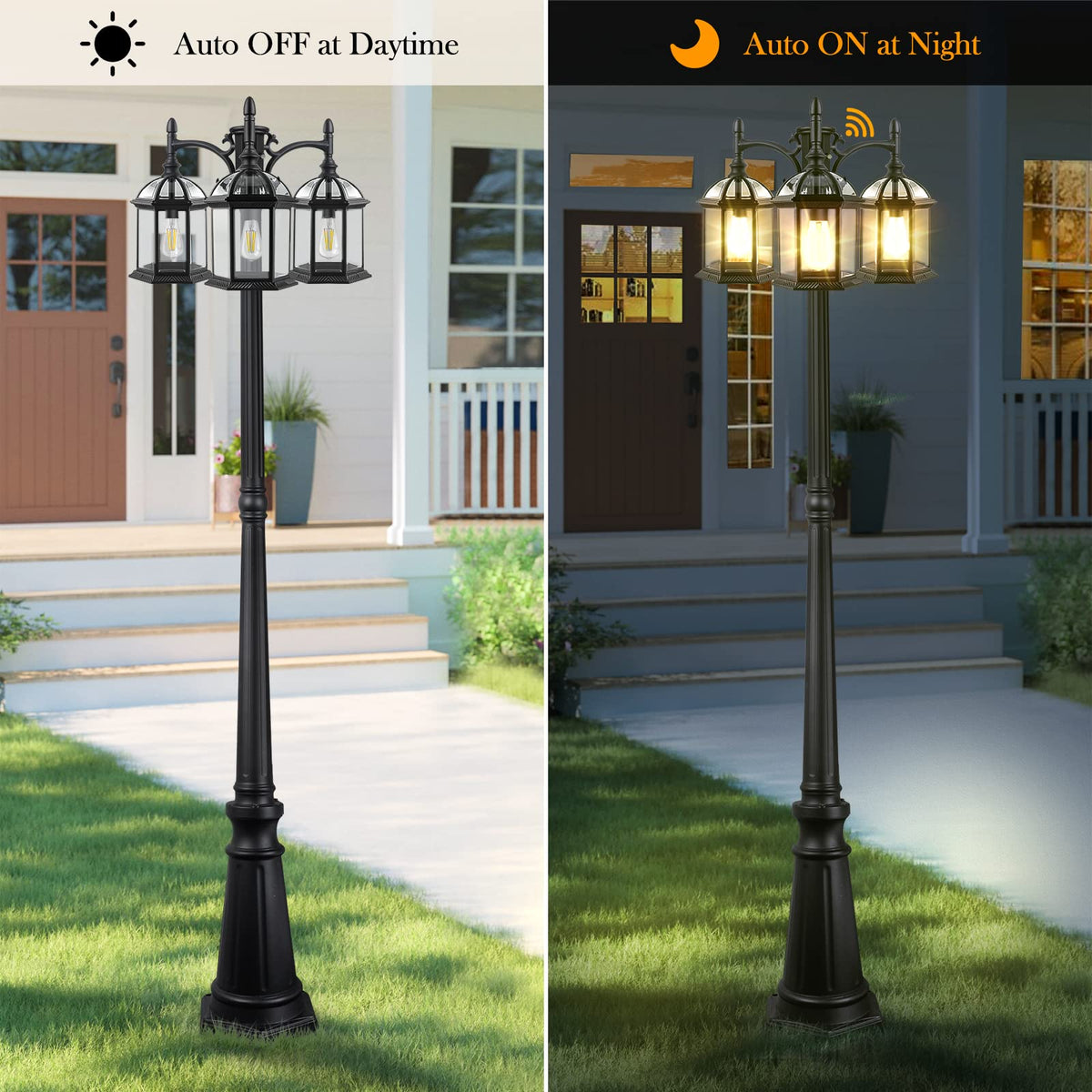 PARTPHONER Dusk to Dawn Outdoor Lamp Post Light, Triple Head Aluminum ...
