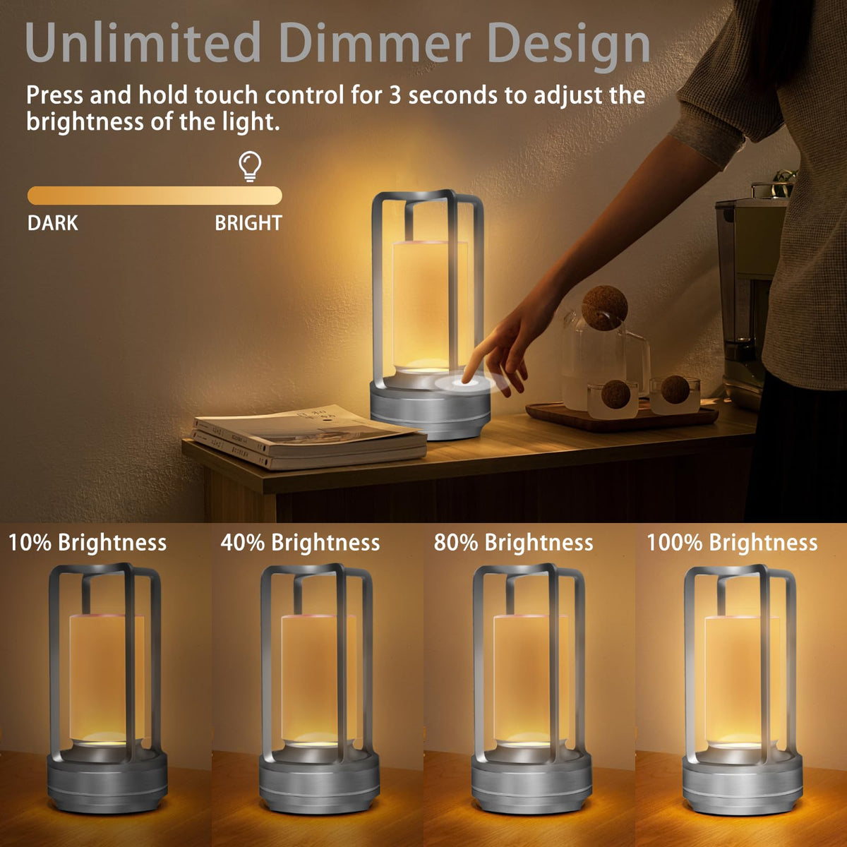 MEINV Cordless Rechargeable Table Lamp, Touch Control, 3 Color Dimmabl ...