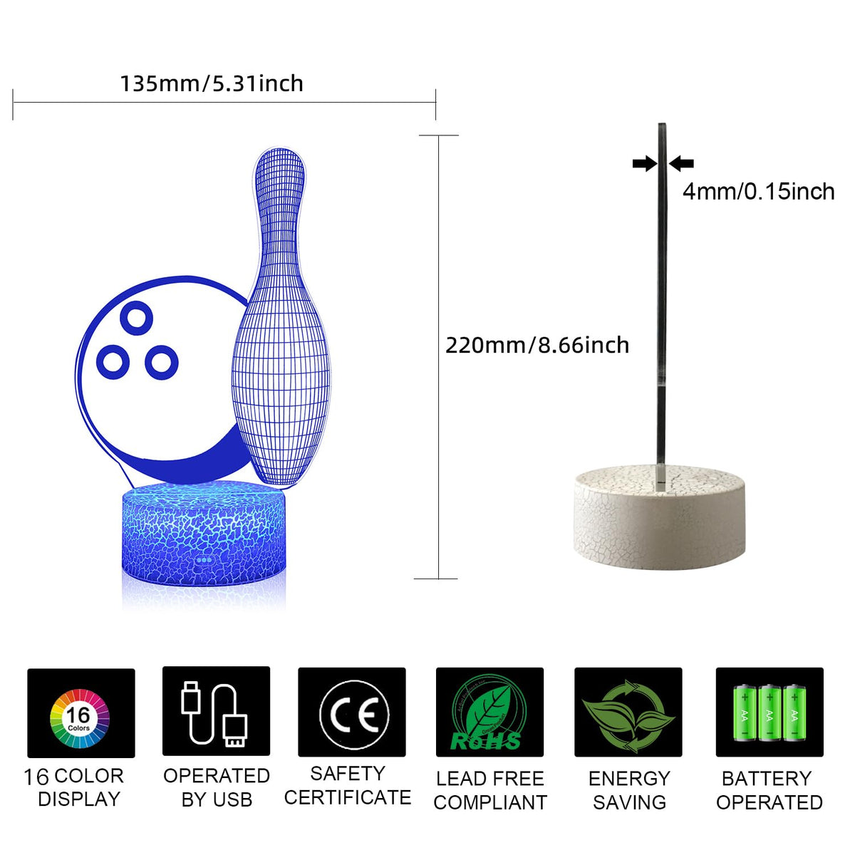 Bowling 3D Night Light,16 Color Change&Dimming by Remote Control or ...